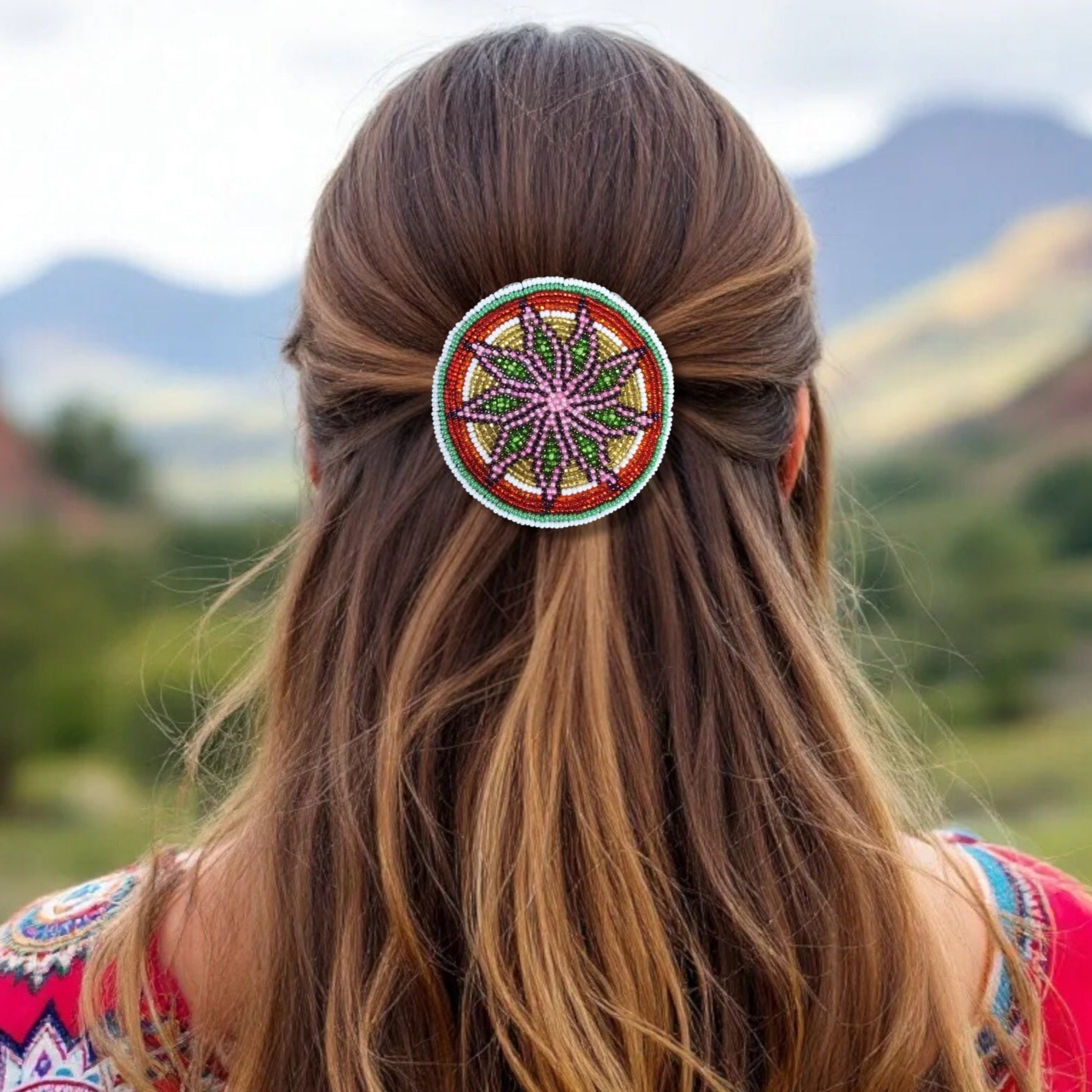 Red and Golden Floral Native American Round Beaded Barrette – OldTribes