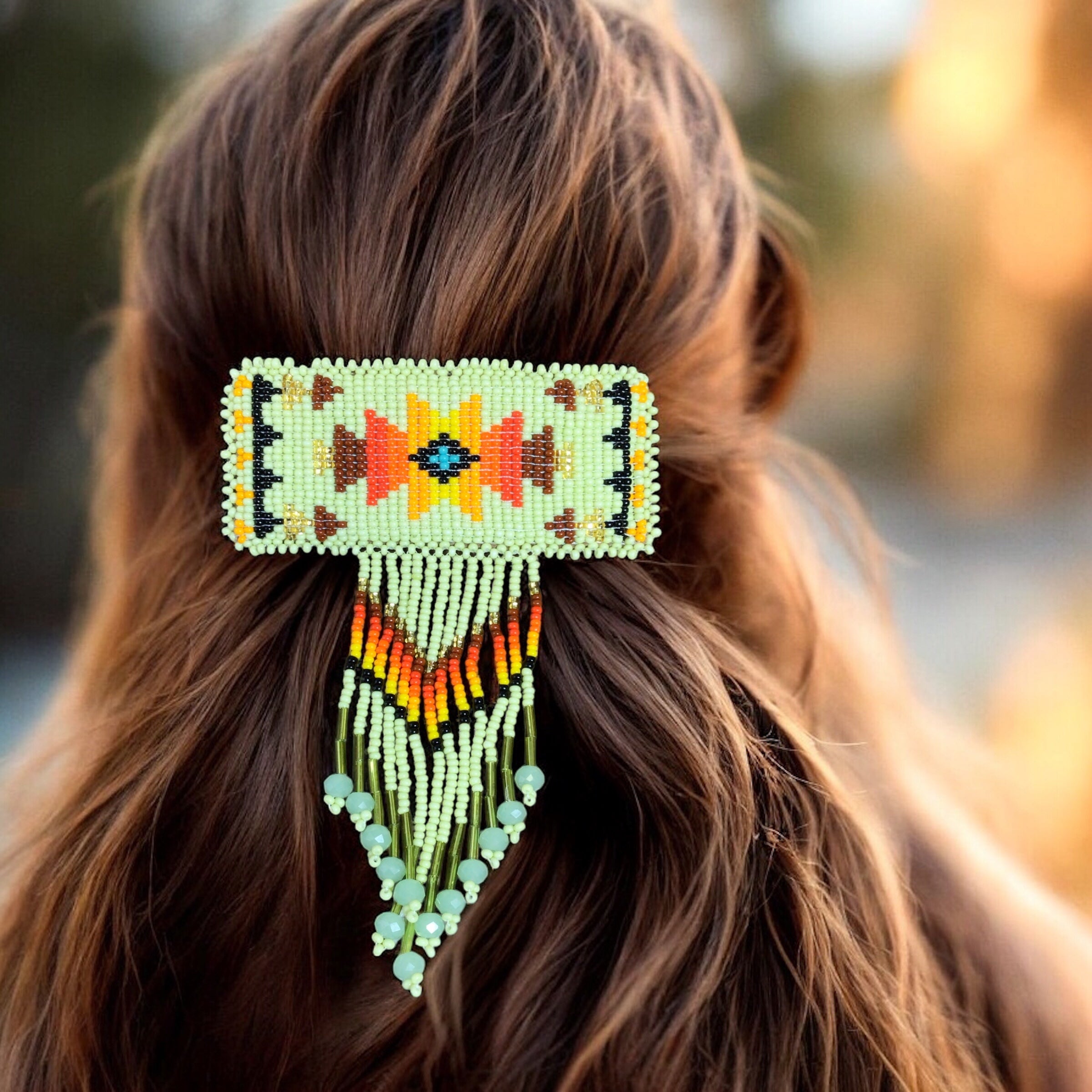 Rectangular Fringed Barrette- Light Green – OldTribes