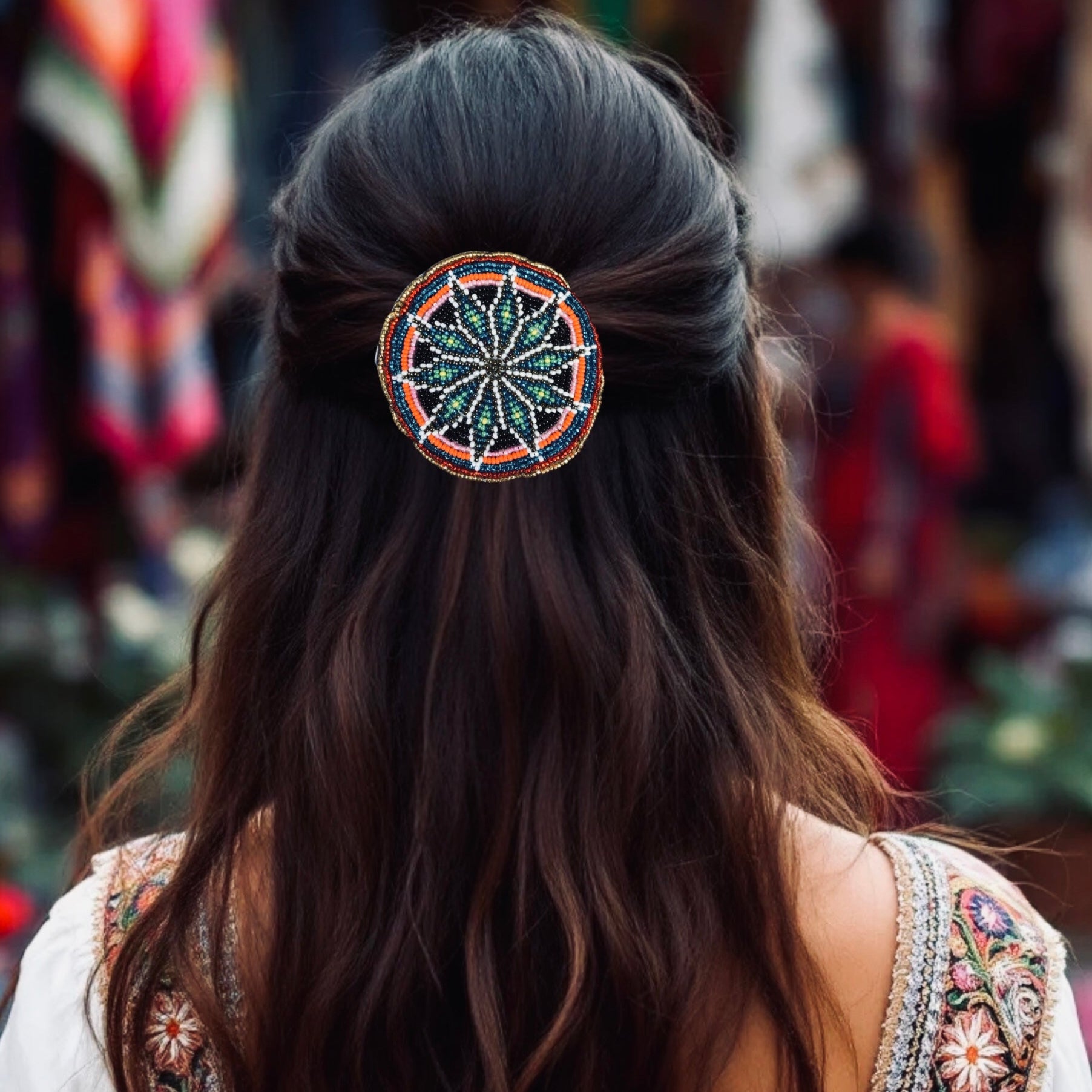 Green and Blue Floral Native American Round Beaded Barrette – OldTribes