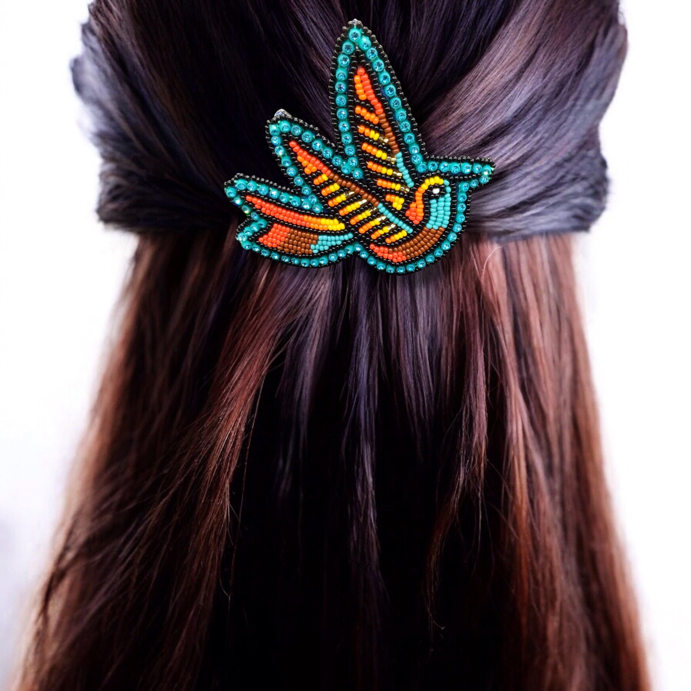Turquoise and Brown Beaded Hummingbird Barrette – OldTribes